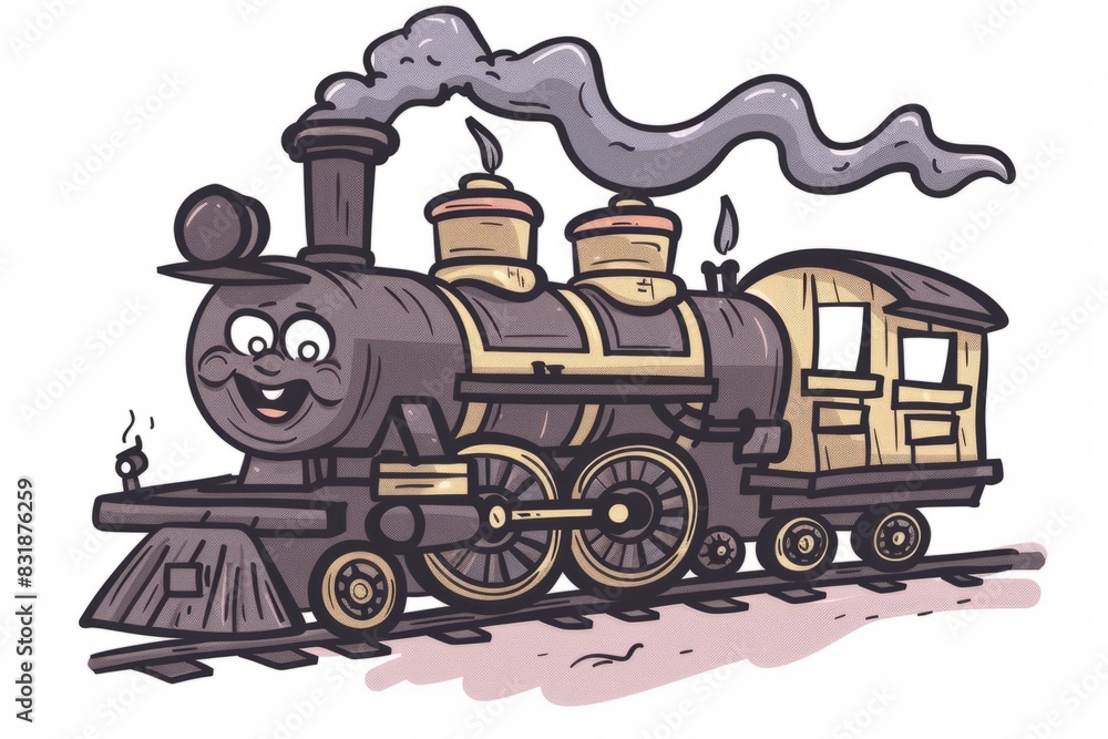 Cartoon cute doodles of an old coal-powered train with a friendly face ...
