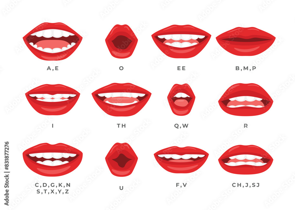 Set of Cartoon Mouth Animation Lip Sync Set, Mouth sync. Talking mouths lips for cartoon ...