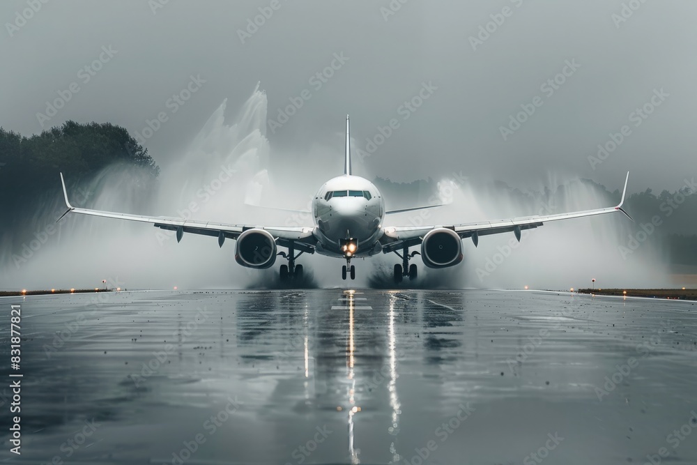 Airbus landing in heavy rain, captured just after the plane has touched ...