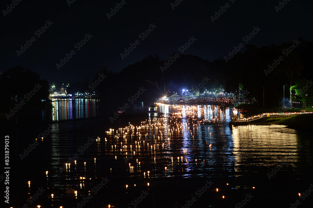 Floating lanterns on the river Ping in Chiang Mai at night during Loy ...