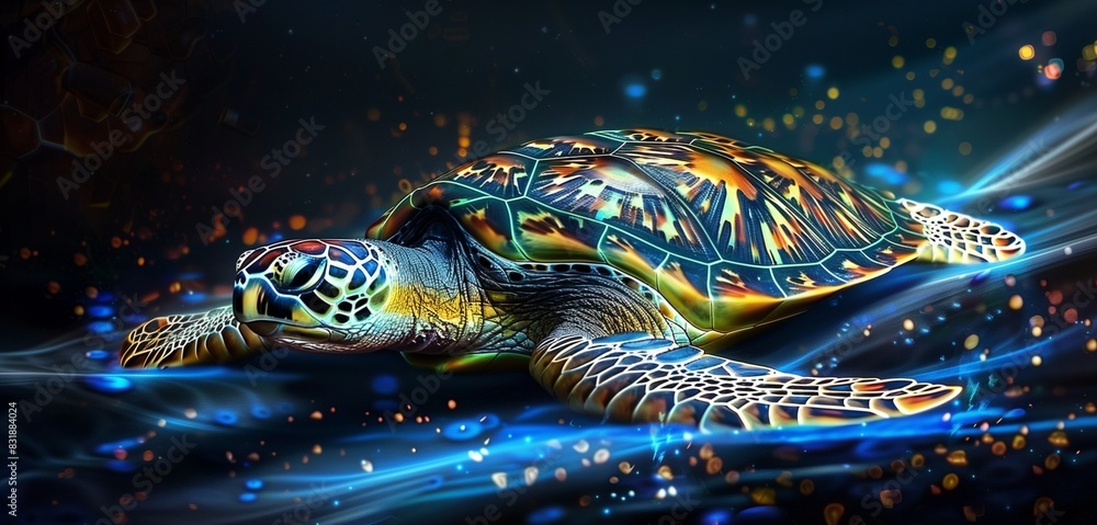 Futuristic Sea Turtle Swimming on Dark Aluminate Background with Neon ...