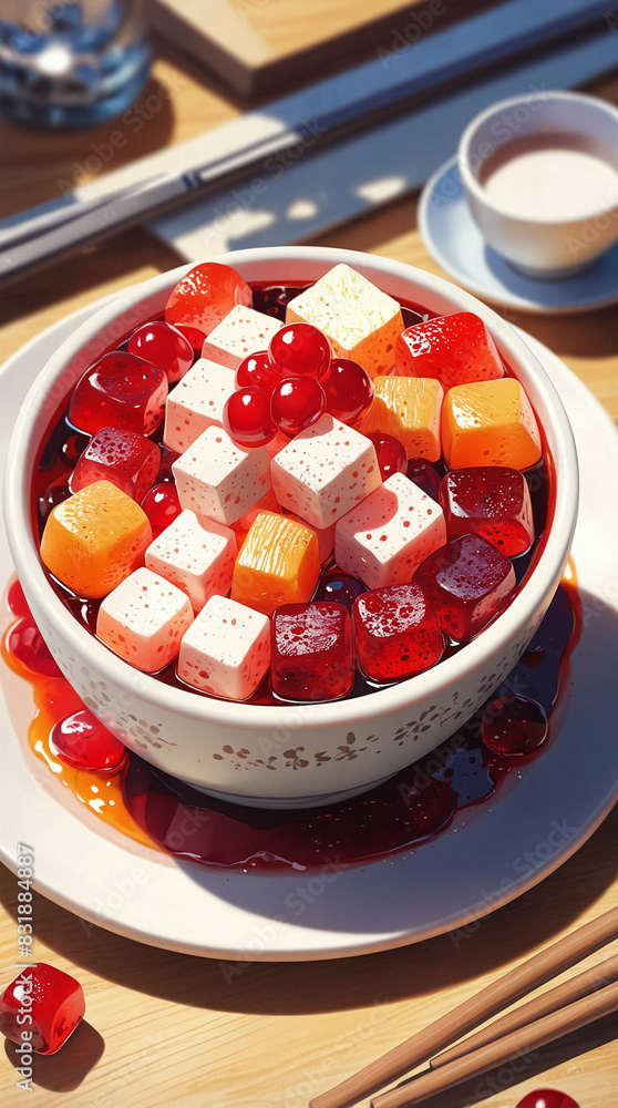 Japanese Anmitsu, A bowl of anmitsu with agar cubes, fruit, and red ...