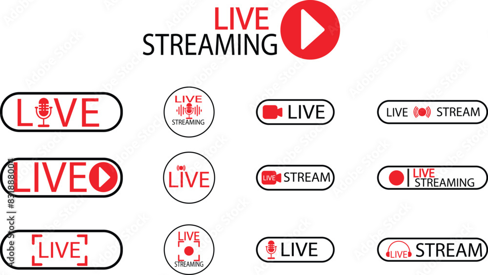 Set of Red symbols and buttons of live streaming, broadcasting, online ...