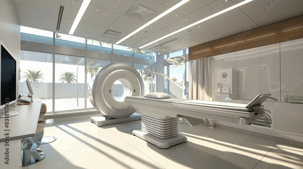 Pristine, modern MRI room with high-tech medical imaging equipment ...