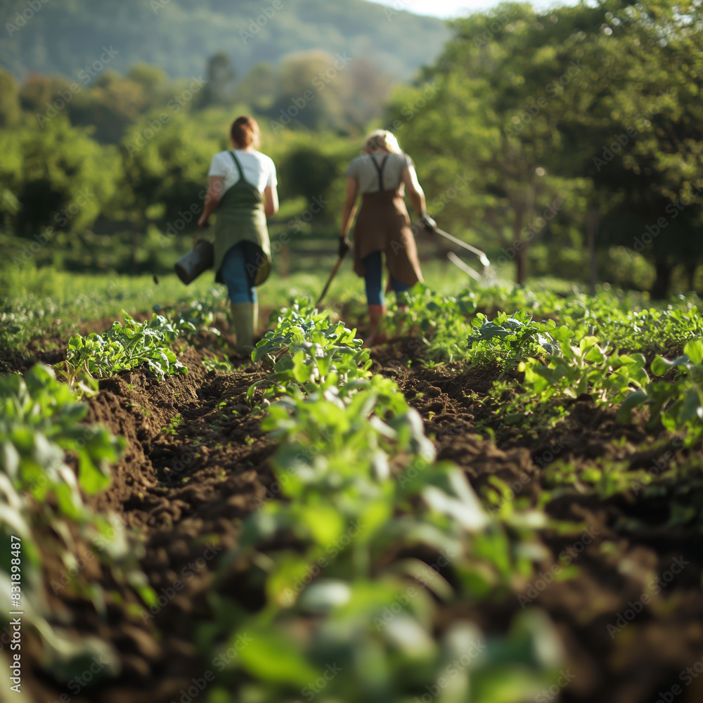 Picture of a vegetable garden, tilling soil between rows of crops. For ...