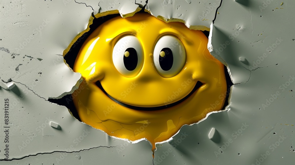 A yellow smiley face is peeking out from a wall. The smiley face is ...