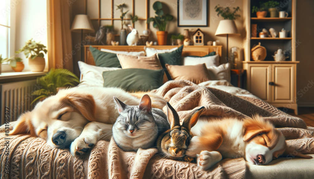 Various pets sleeping together on a bed in a cozy home setting. The ...