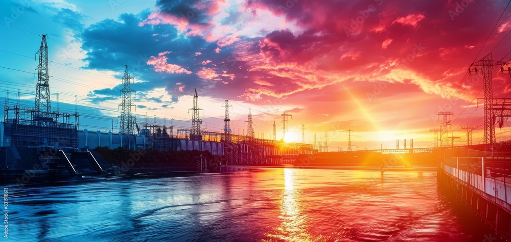 Hydropower plant operations close up, focus on, copy space, vibrant ...