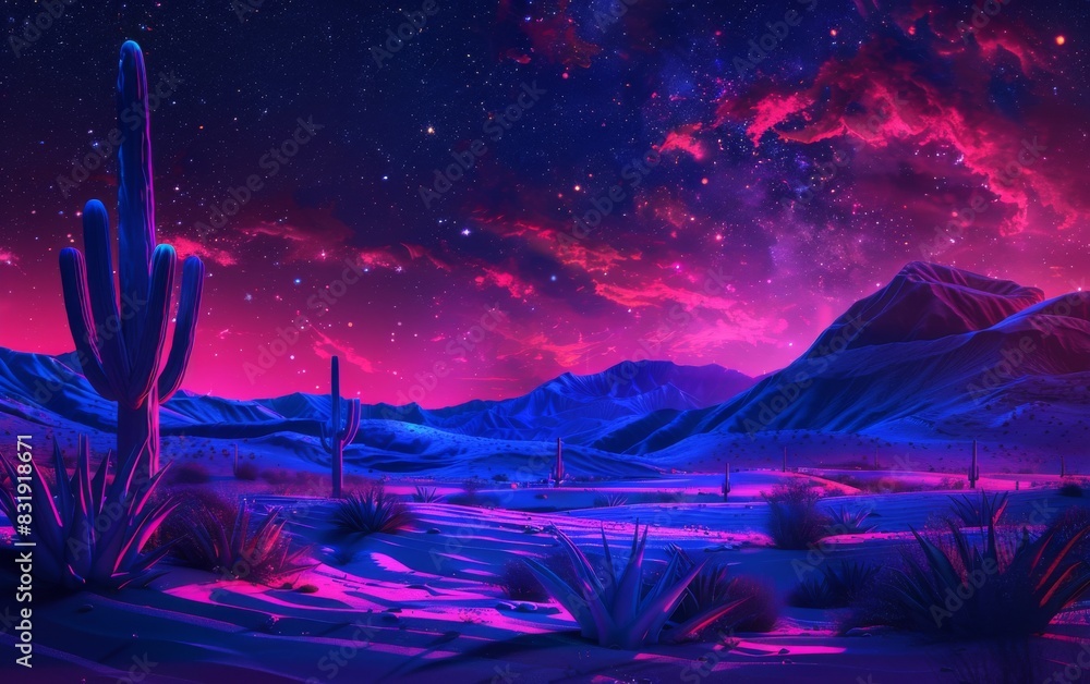 Illustrate a neon desert under a starry sky, with cacti and sand dunes ...