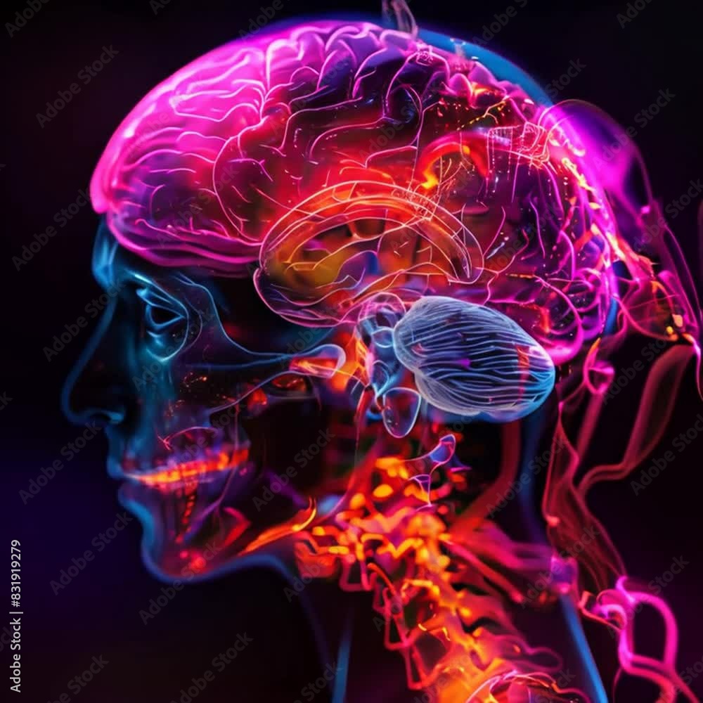 An X-ray of A human brain scan, with different areas illuminated in a ...