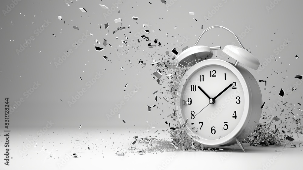 There is not much time left. Flying numbers on white alarm clock ...