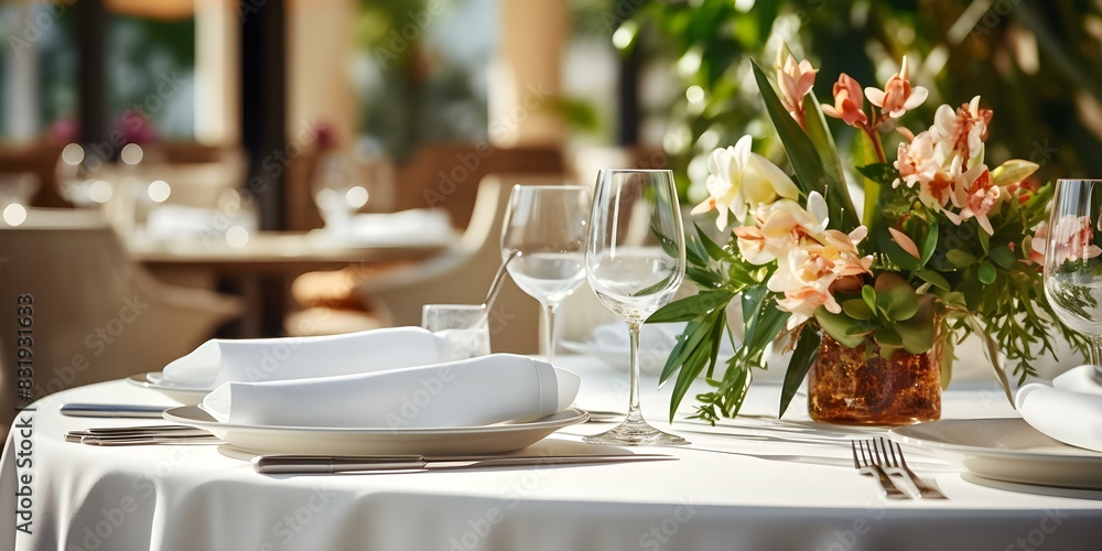 White linen-covered table in a luxurious restaurant with folded napkins ...