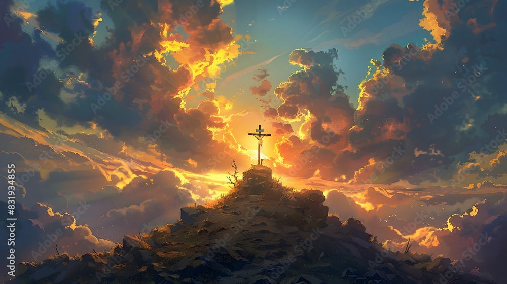 Crucifixion Of Jesus Christ - Cross At Sunset Stock Illustration ...