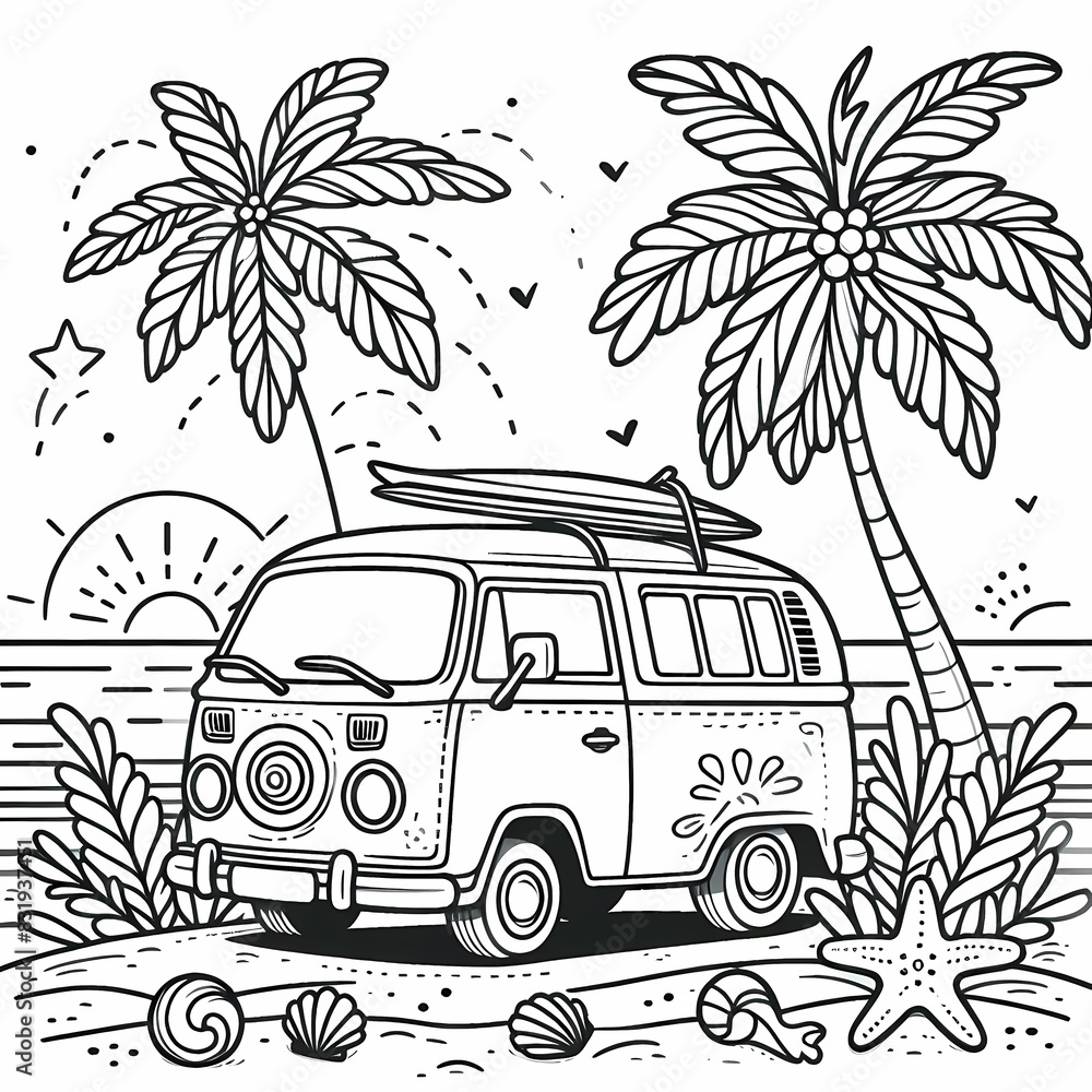 Beach Van with Surfboard Coloring Page for Kids Stock Illustration ...