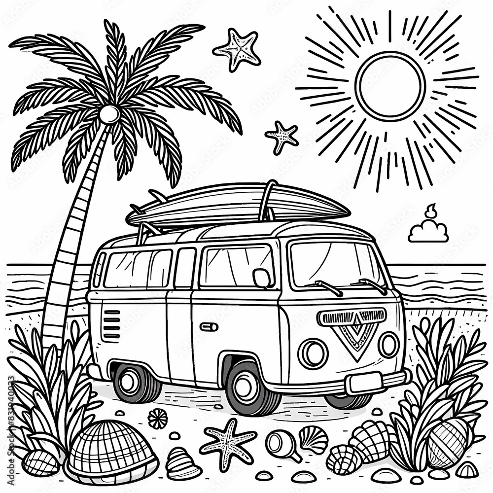 Beach Van with Surfboard Coloring Page for Kids Stock Illustration ...