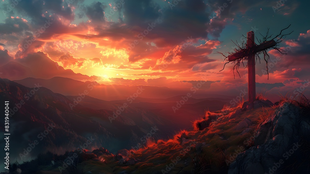 Crucifixion Of Jesus Christ - Cross At Sunset Stock Illustration ...