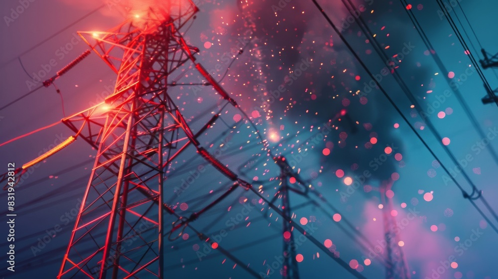 Electrical distribution with poles and wires lit up with sparks Stock ...