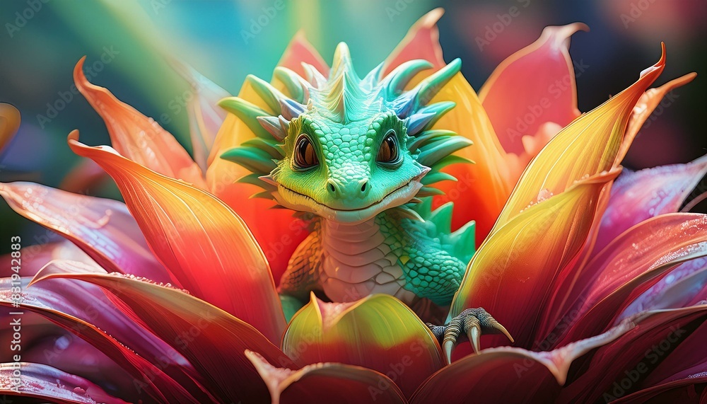 brightly colored lizard investigates a red hibiscus flower A green ...