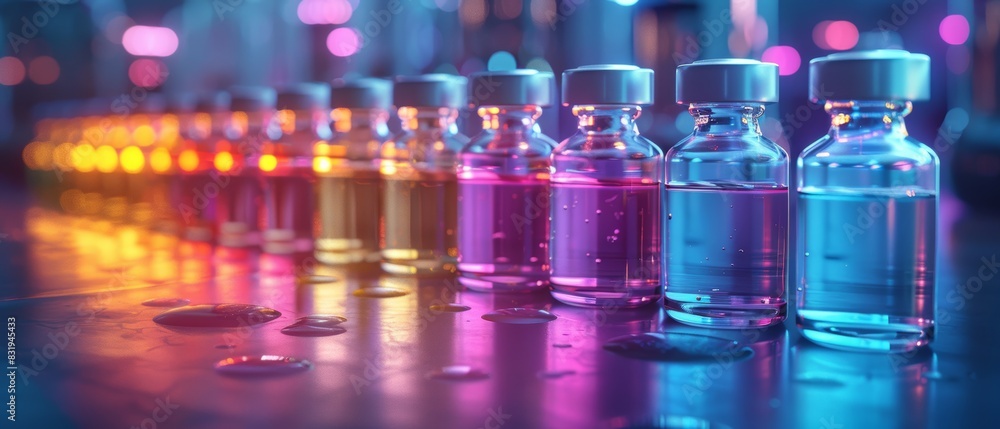 Colorful vials in a laboratory under neon lights. Scientific experiment ...