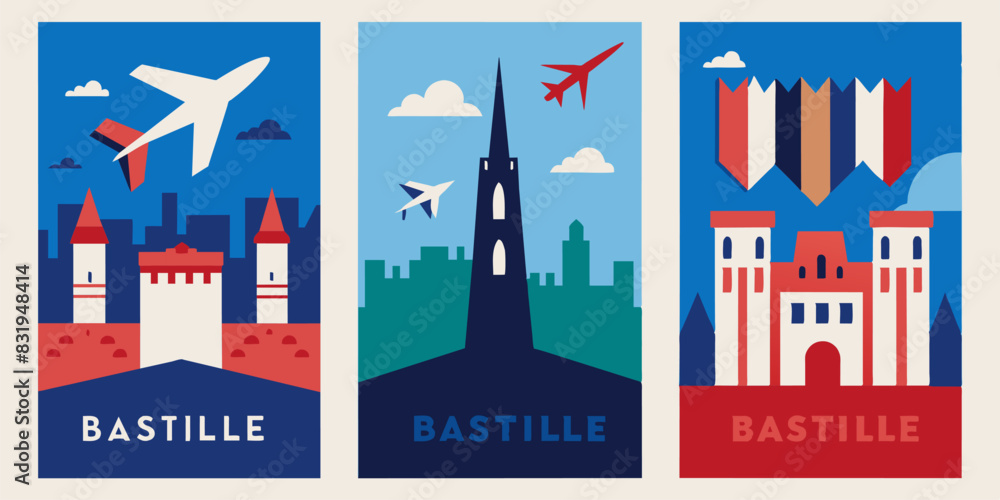 Bastille Day Celebration Posters. A set of three flat design posters ...