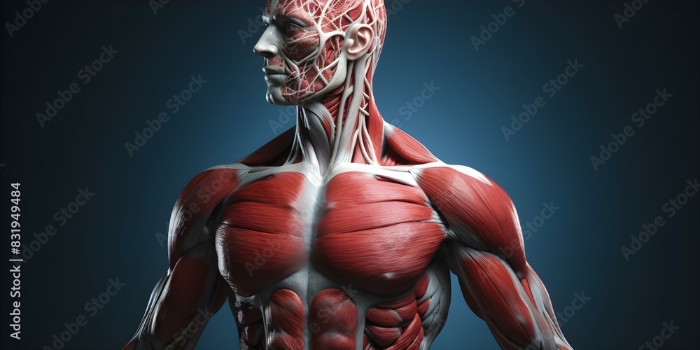 Illustration of muscular system highlighting muscle connections and ...