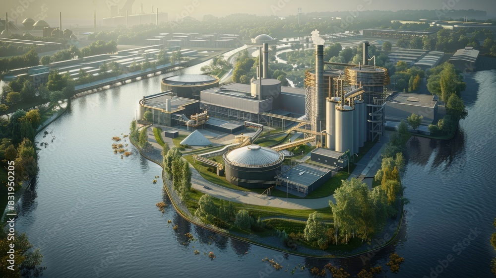Aerial view of industrial facility on river island surrounded by lush ...