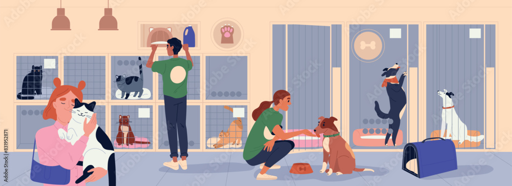 Caring for animals in shelter. Men and women volunteers help, feed and ...