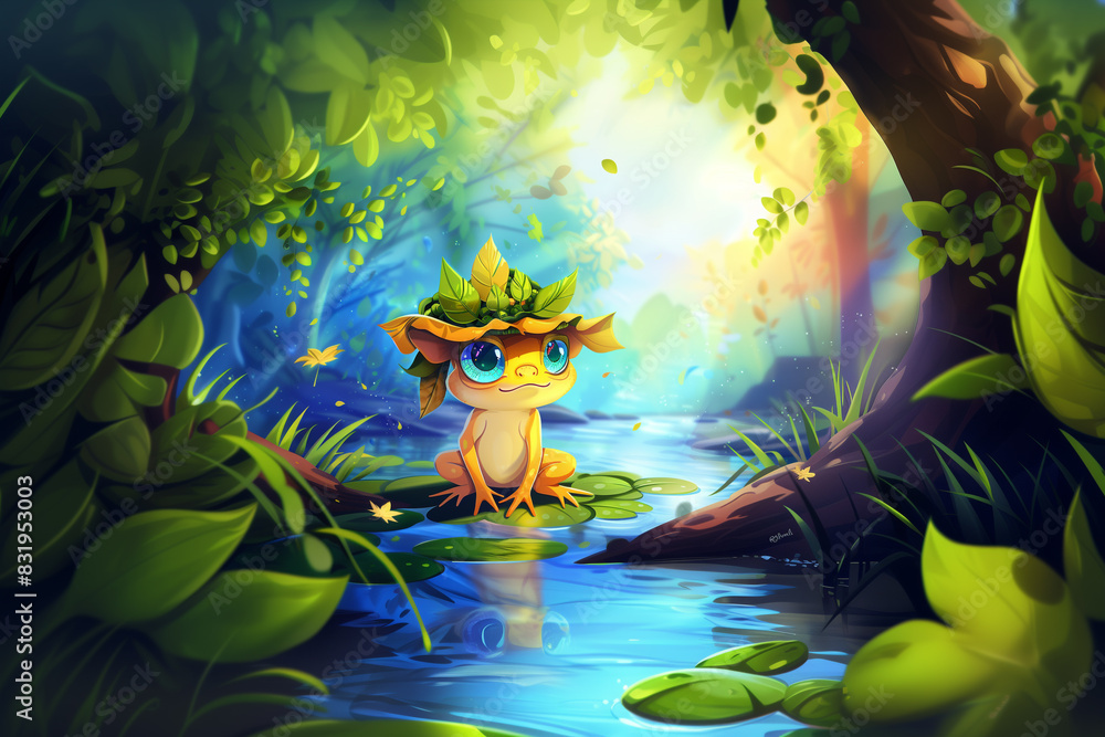 cartoon illustration of a little yellow cat sitting on a log in a ...