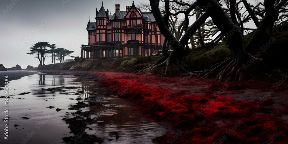 ภาพประกอบสต็อก Gothic Mansion by the Red Ocean During a Tsunami ...
