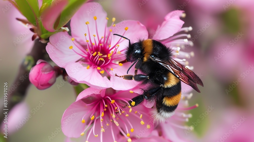 A bee pollinating a flower. The bee is covered in yellow and black fur ...