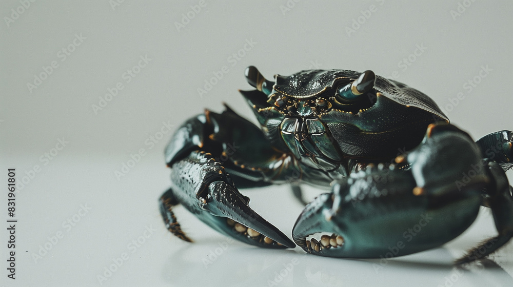 Mud crab with dark green shell and strong legs sitting on a table on a ...