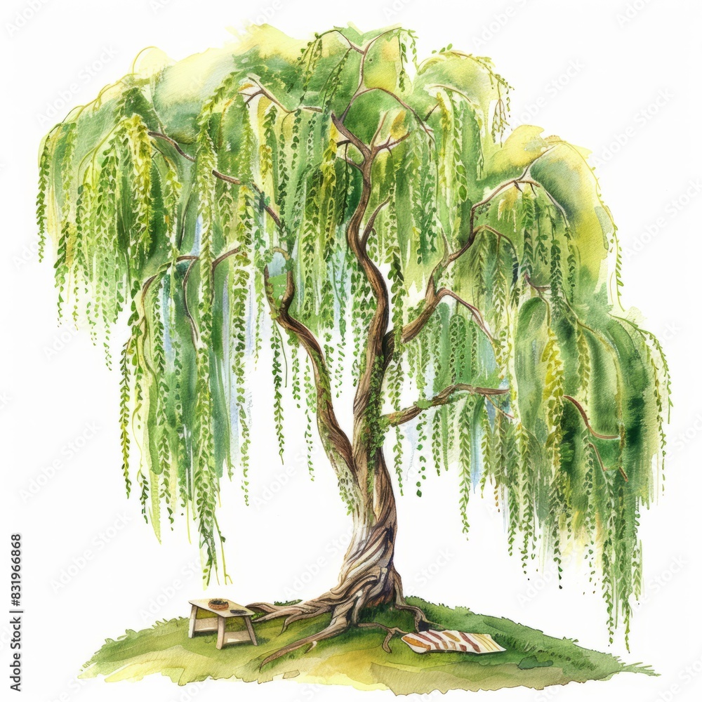 Watercolor painting of a graceful weeping willow tree, with its ...