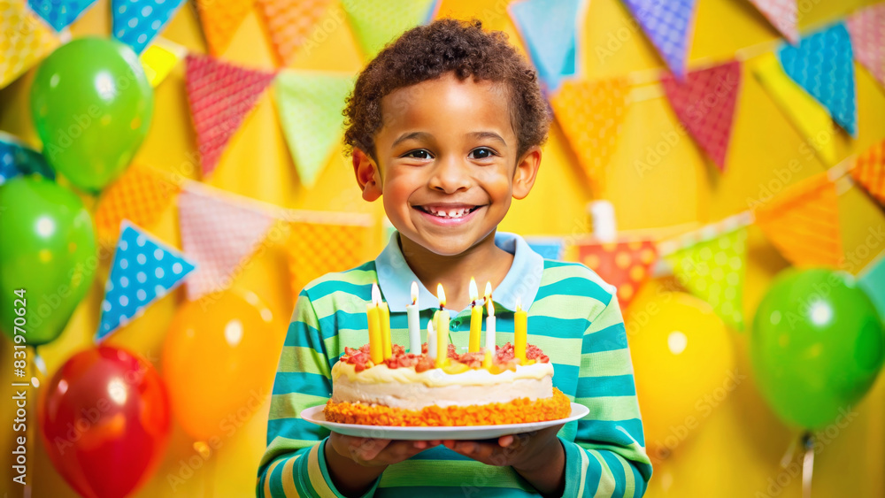 Happy little child boy blows out candles with birthday cake against a ...