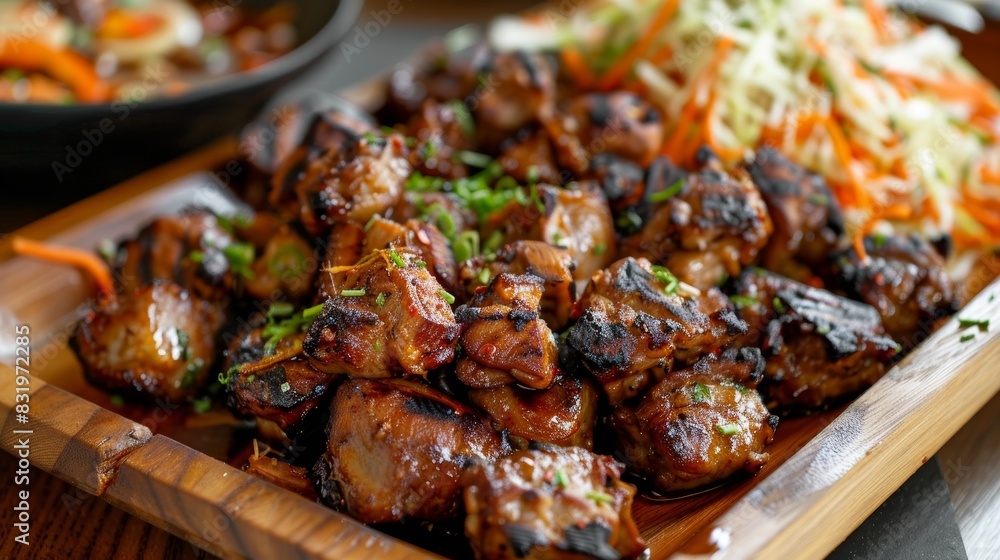 Haitian griot, marinated and fried pork cubes with spicy slaw, served ...