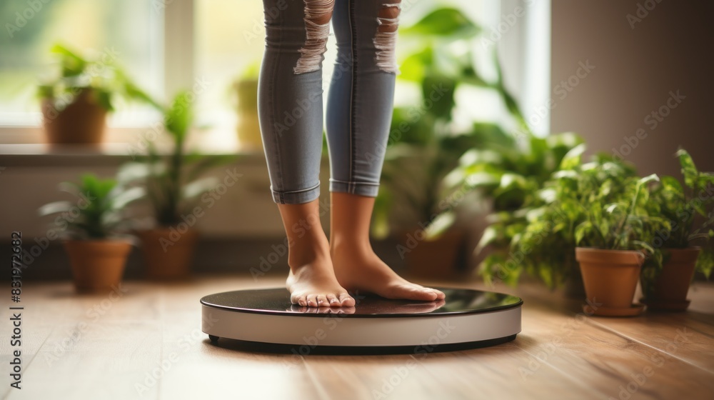Lower body shot of a person standing on a digital bathroom scale with ...