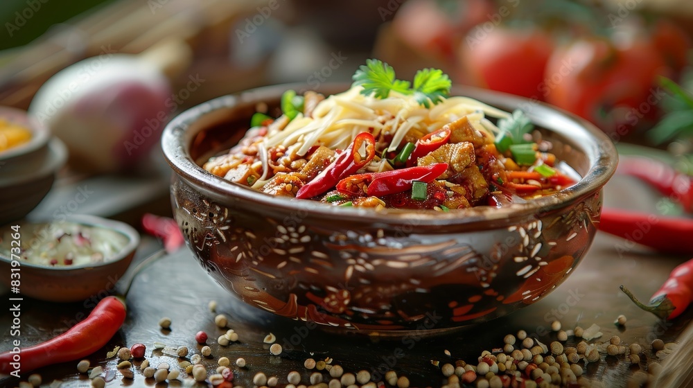 Bhutanese ema datshi in a traditional bowl, with spicy chili peppers ...