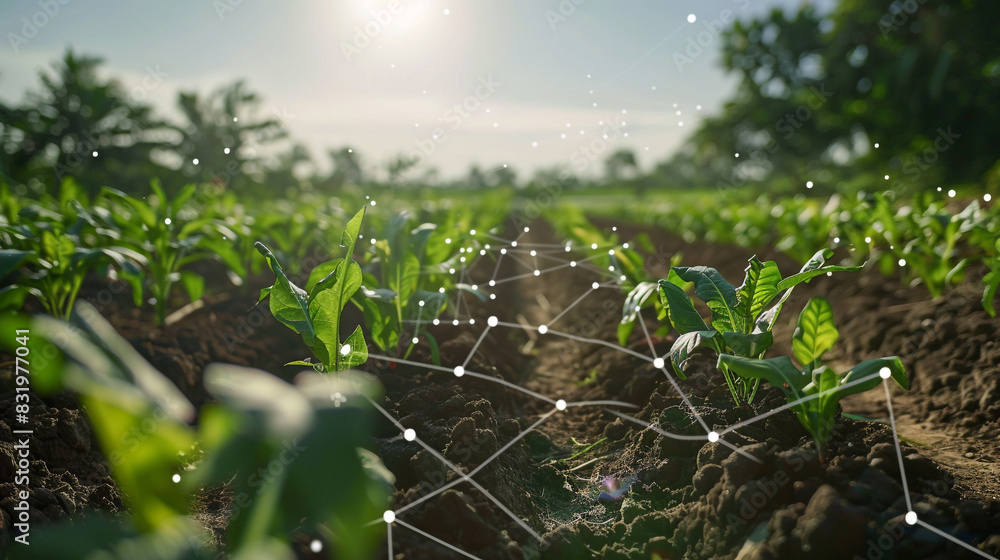 Smart agriculture system with IoT sensors installed in fields to monitor soil moisture levels ...