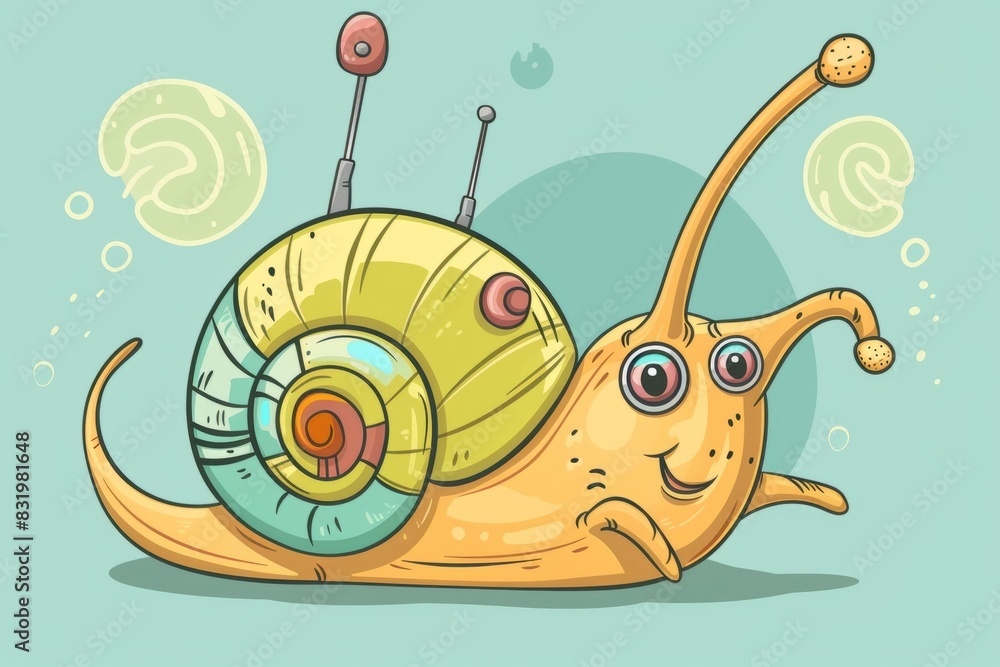 Cartoon cute doodles of a snail radio with a shell that has dials and ...