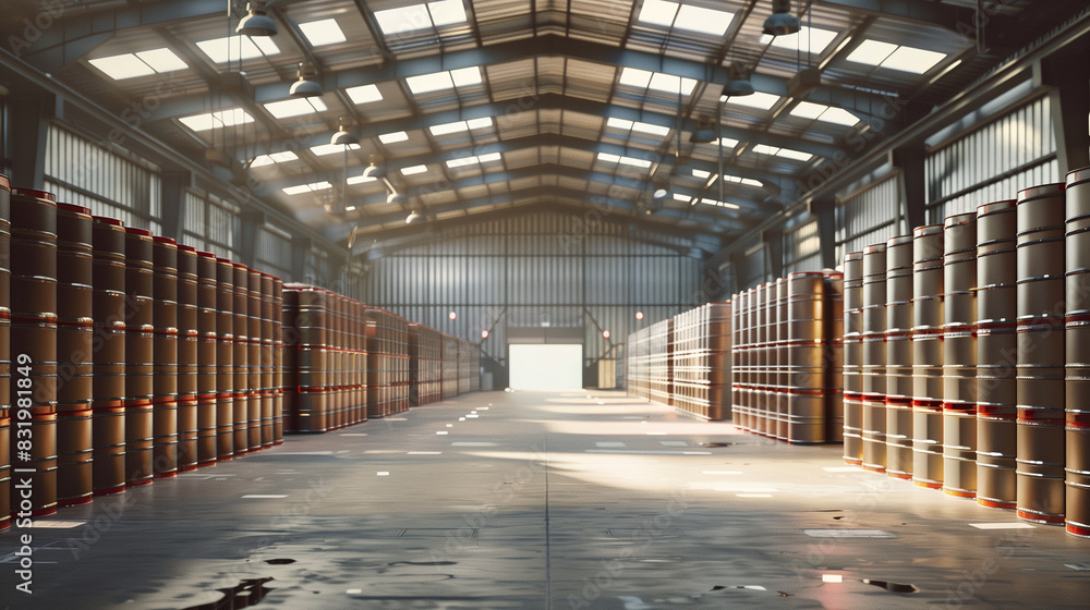 Numerous barrels are placed in a huge warehouse, creating an impressive ...