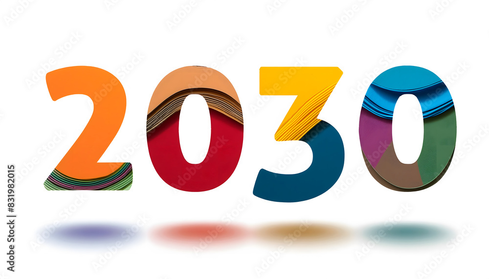 Bold, vibrant rainbow-colored 2030 numerals stand upright against a ...