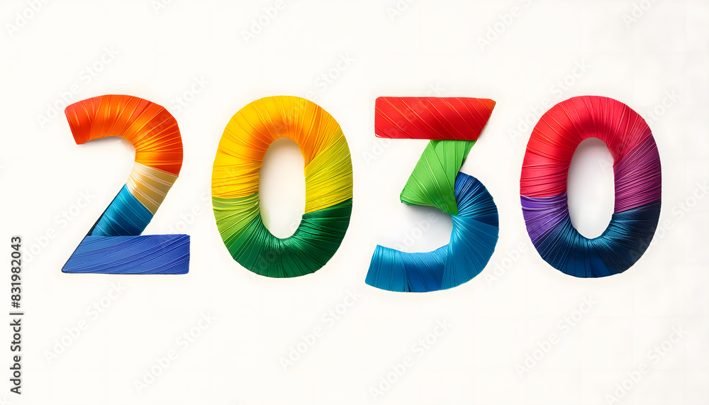 Bold, vibrant rainbow-colored 2030 numerals stand upright against a ...