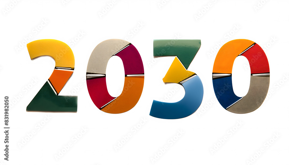 Bold, vibrant rainbow-colored 2030 numerals stand upright against a ...