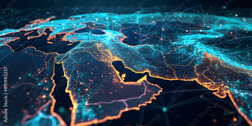 Digital map of the Middle East, highlighting global network connections ...
