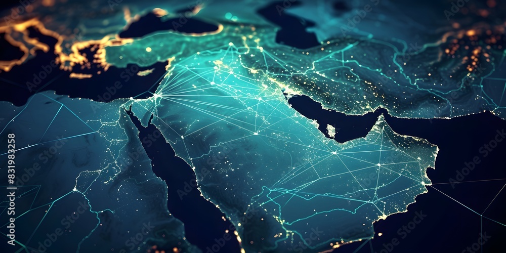 Digital map of the Middle East, highlighting global network connections ...