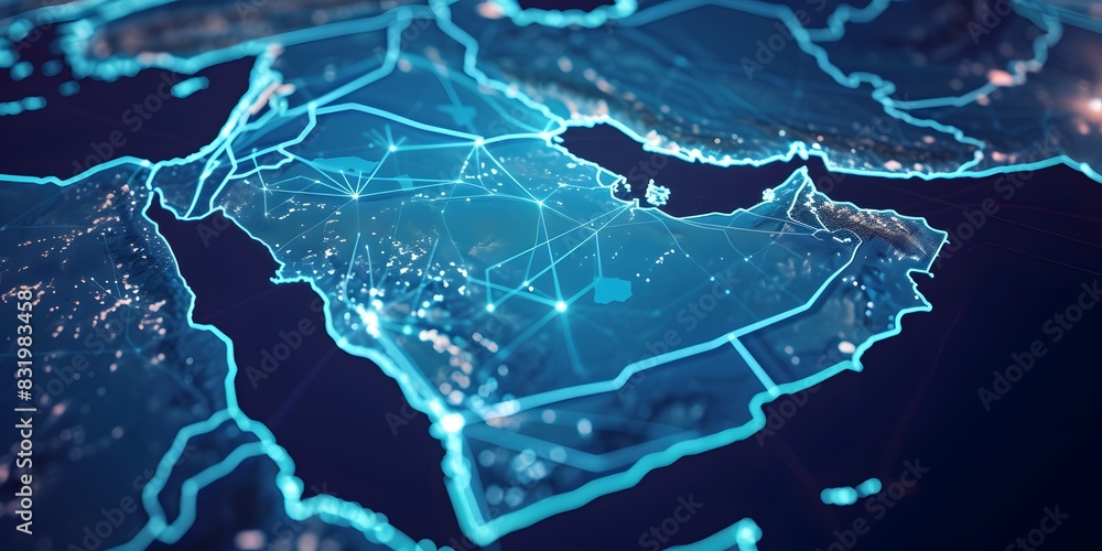 Digital map of the Middle East, highlighting global network connections ...