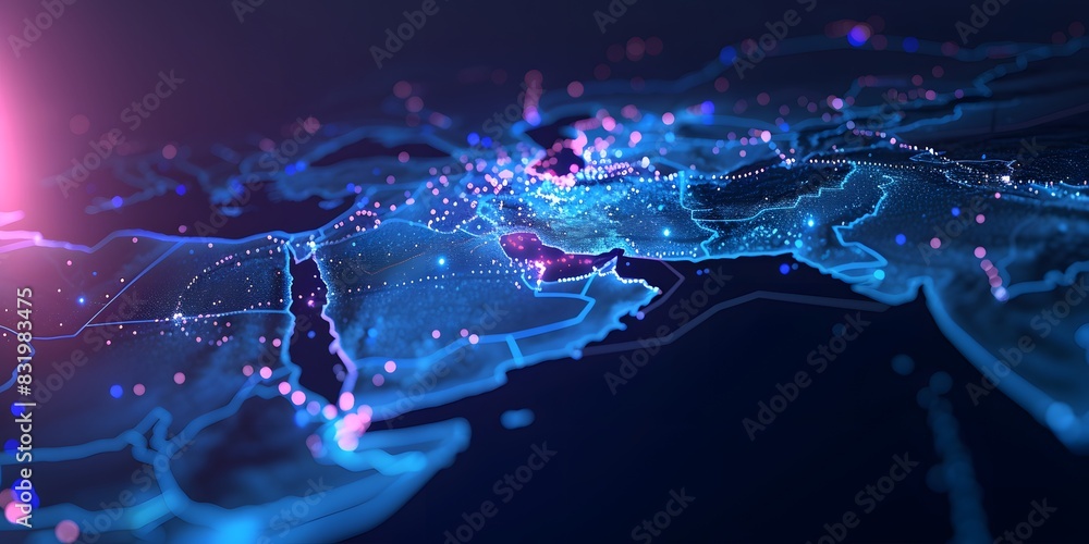 Digital map of the Middle East, highlighting global network connections ...