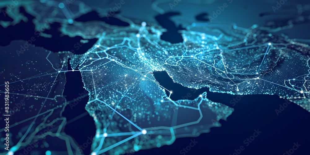 Digital map of the Middle East, highlighting global network connections ...