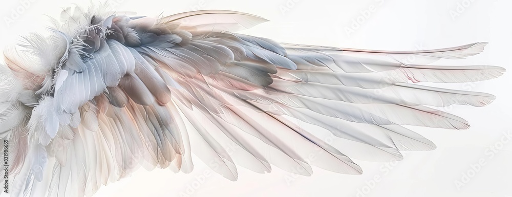Majestic side view of angel wings, intricate feather details ...