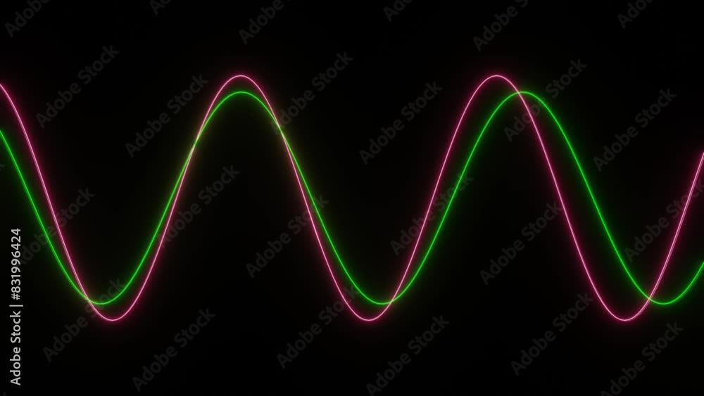Two sine waves moving from left to right. The sine waves are green and pink. Mathematical sine ...