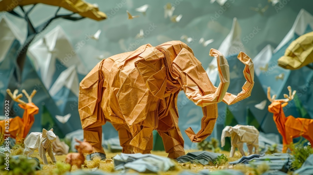 Origami mammoth with torn paper tusks, surrounded by other origami ...